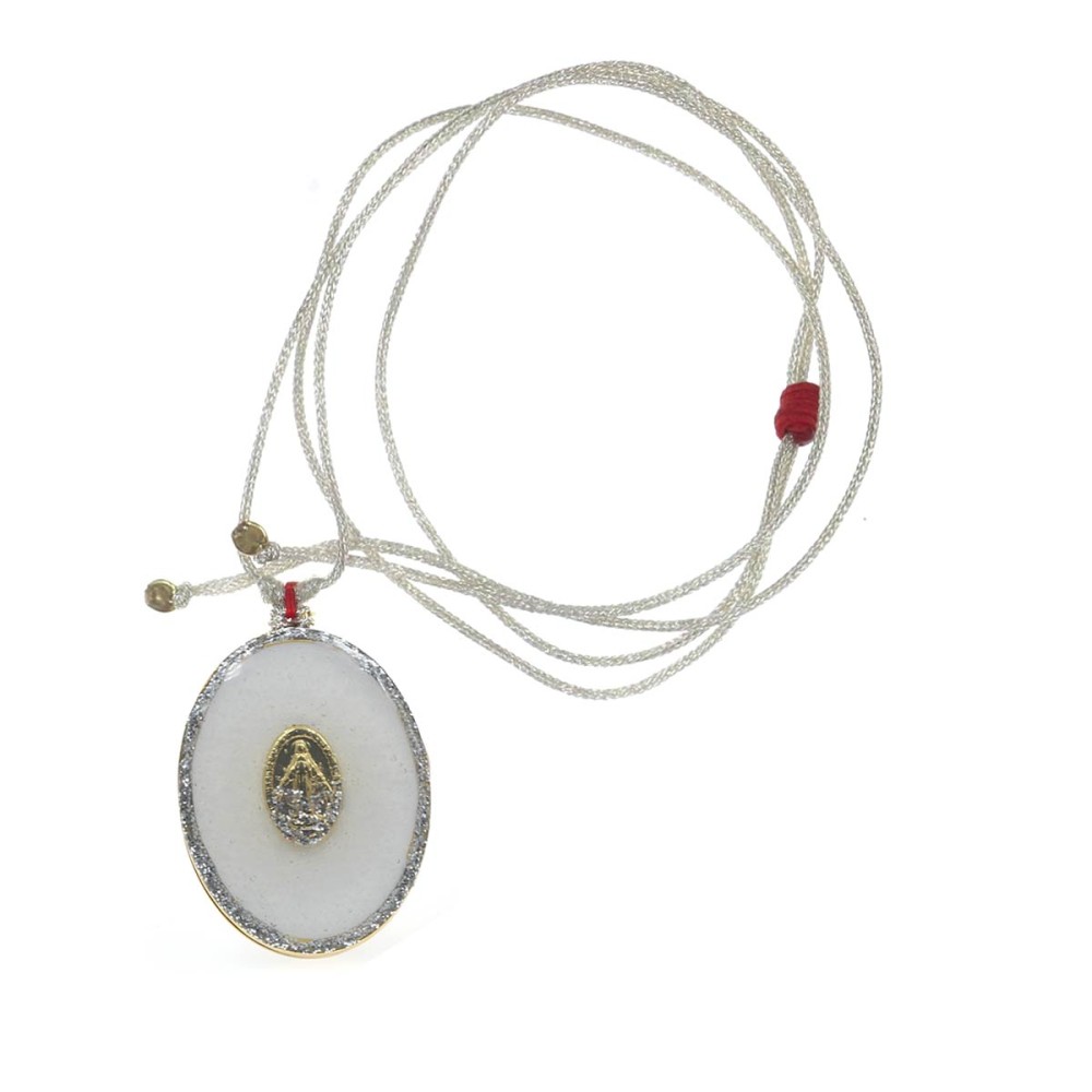 Collier fil argent médaillon GM émail blanc orné d'une vierge vanessa simon